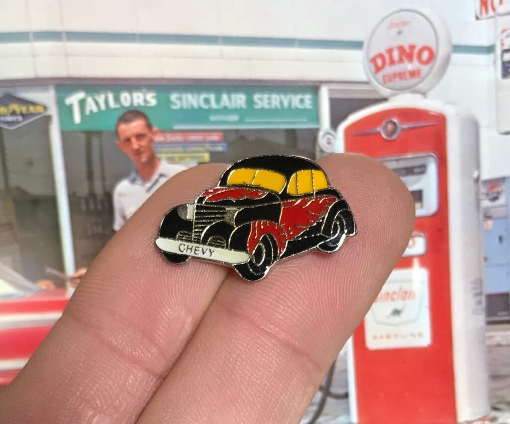 Classic American Muscle Cars – Chevy Hot Rod With Red Flames Enamel Pin ...
